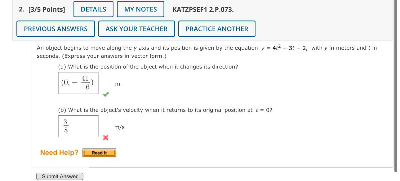 Solved Points]KATZPSEF1 2.P.073.An object begins to move | Chegg.com