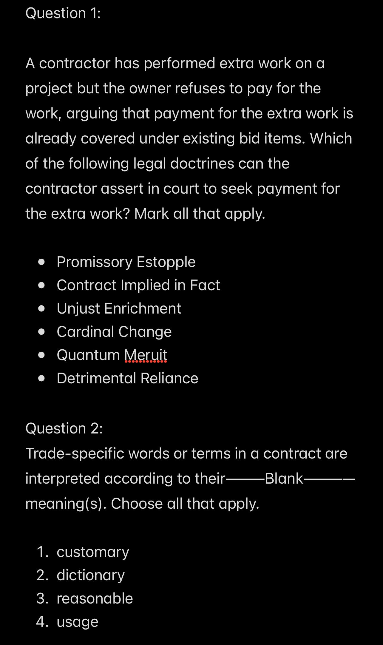 Solved Question 1:A contractor has performed extra work on a | Chegg.com
