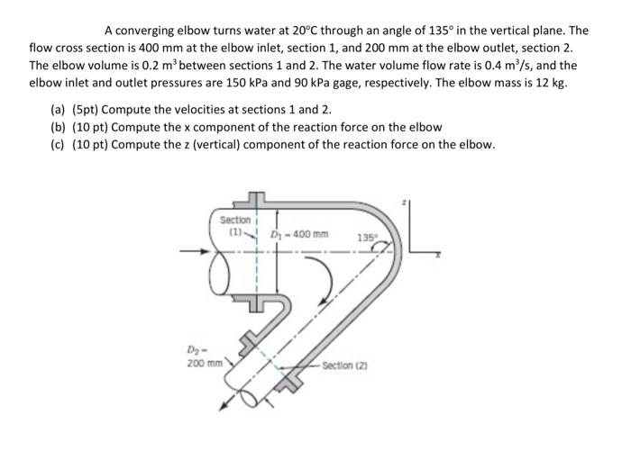 Solved A converging elbow turns water at 20∘C through an | Chegg.com