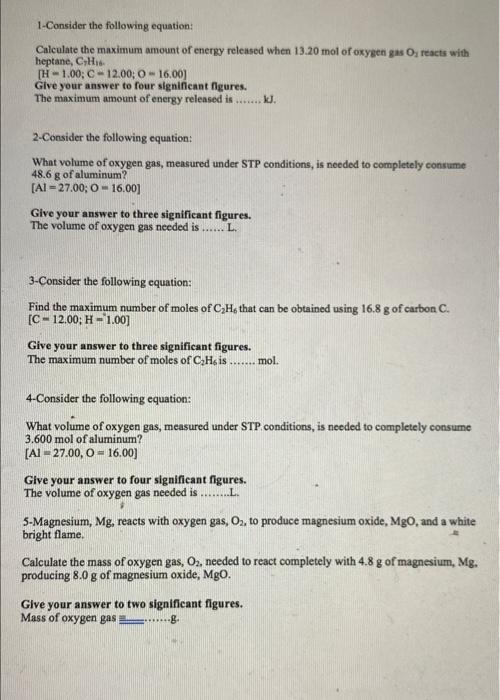 Solved 1-Consider the following equation: Calculate the | Chegg.com