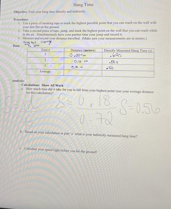 Solved Hang Time Objective. Find your hang time directly and | Chegg.com