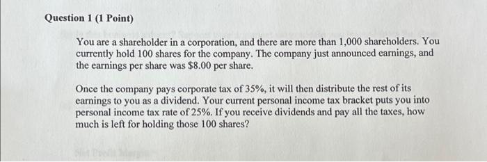 Solved Question 1 (1 Point) You are a shareholder in a | Chegg.com