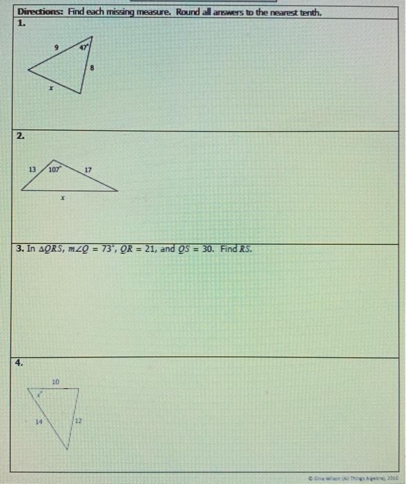 Solved Directions: Find each missing measure. Round all | Chegg.com