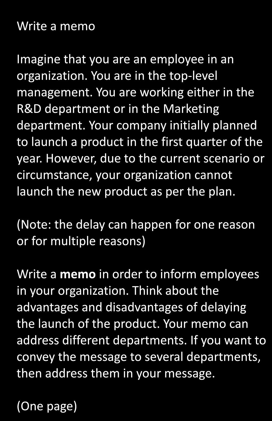 Write a memo Imagine that you are an employee in an | Chegg.com