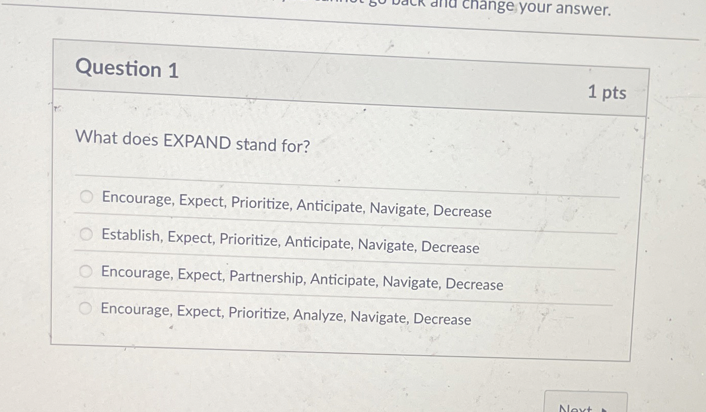 High Quality SOLUTION Question 11 ﻿ptsWhat does EXPAND stand for?Encourage, | Chegg.com