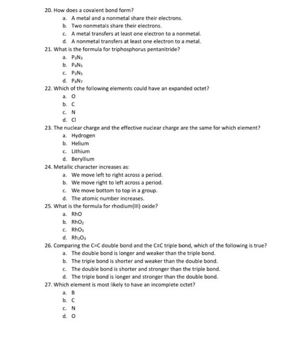 Solved 20. How does a covalent bond form? a. A metal and a | Chegg.com