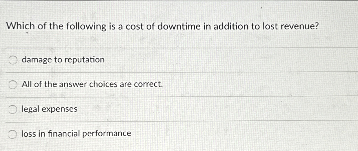 Solved Which of the following is a cost of downtime in | Chegg.com