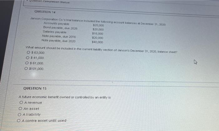 Solved wuestion completion Status QUESTION 14 Janson | Chegg.com