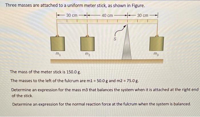 Solved Three masses are attached to a uniform meter stick, | Chegg.com
