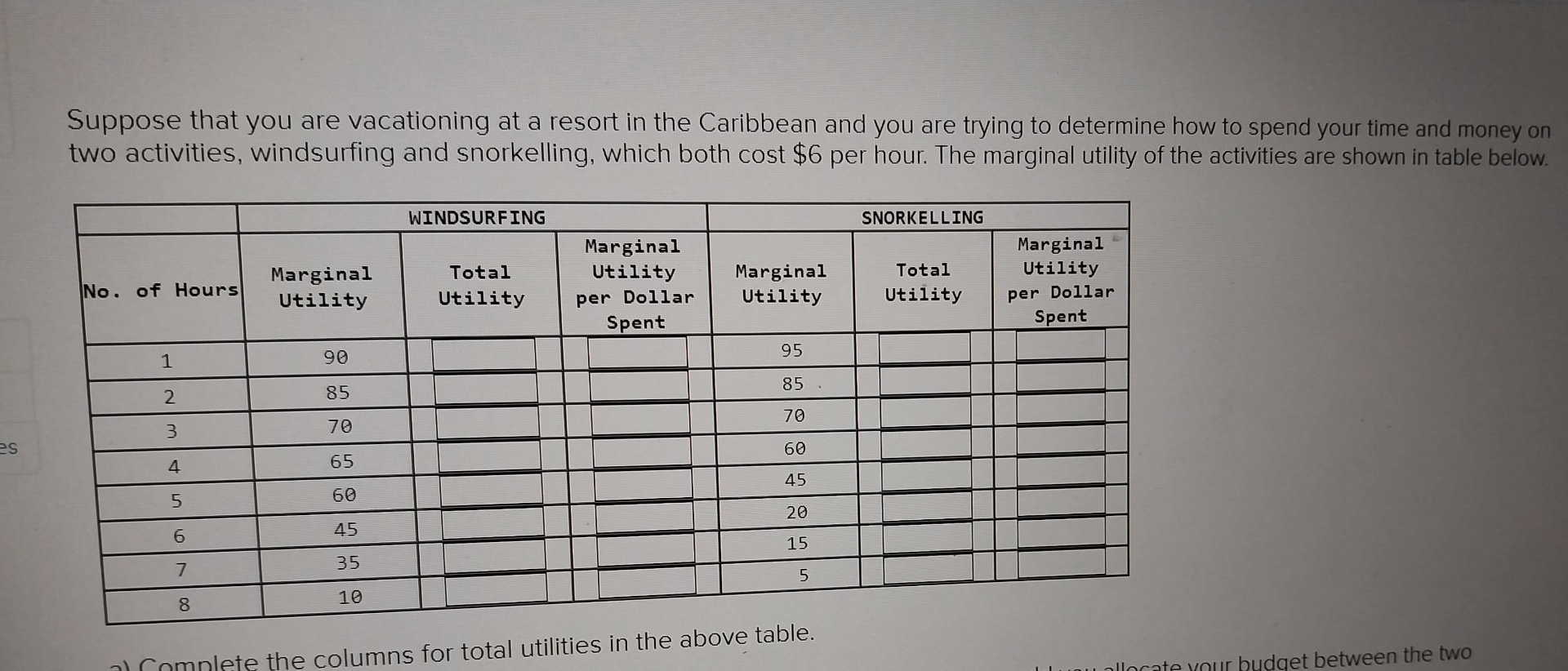 Solved a) ﻿Complete the columns for total utilities in the | Chegg.com