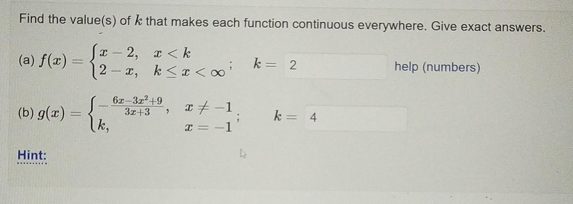Solved Find the value(s) of k that makes each function | Chegg.com