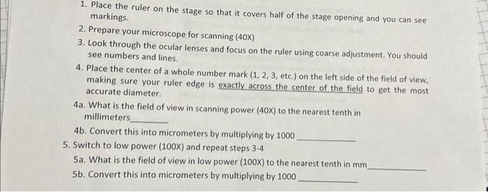 Solved 1. Place the ruler on the stage so that it covers | Chegg.com