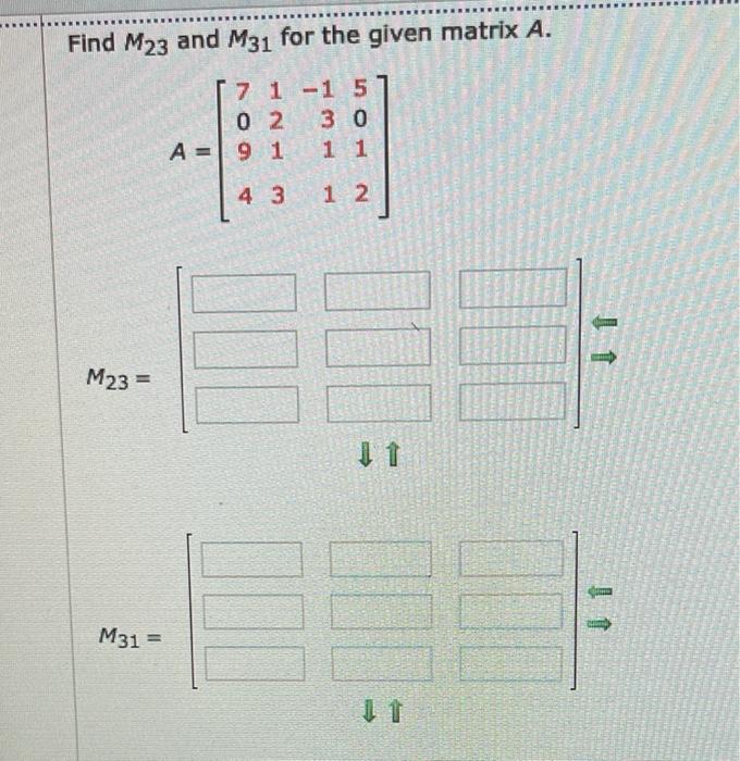 Solved Find M23 and M31 for the given matrix A. 7 1 -1 5 02 | Chegg.com