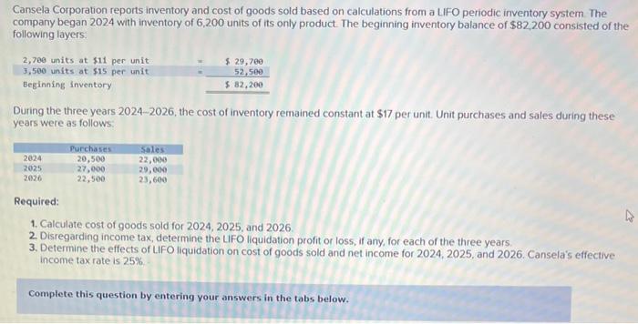 Solved Cansela Corporation reports inventory and cost of | Chegg.com