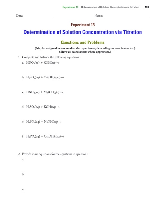 Solved 109 Experiment 13 Determination of Solution | Chegg.com