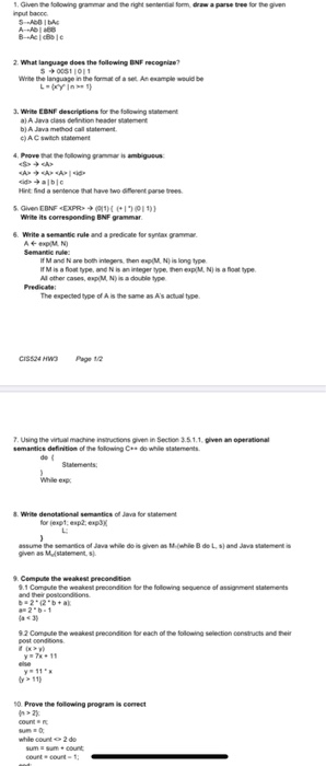 Solved 1. Given the following grammar and the right | Chegg.com