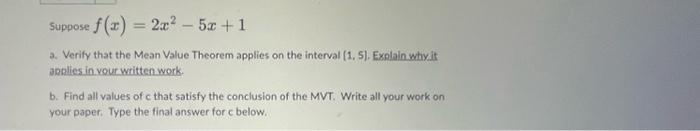 Solved suppose f(x)=2x2−5x+1 a. Verify that the Mean Value | Chegg.com