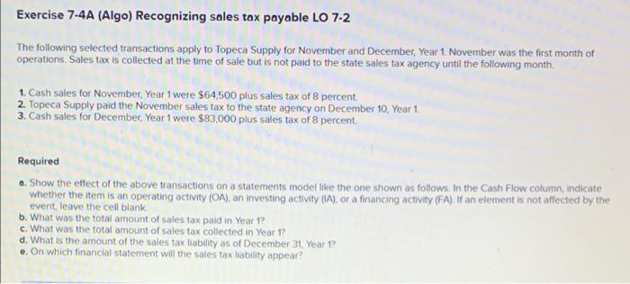 Solved Exercise 7-4A (Algo) Recognizing sales tax payable LO | Chegg.com