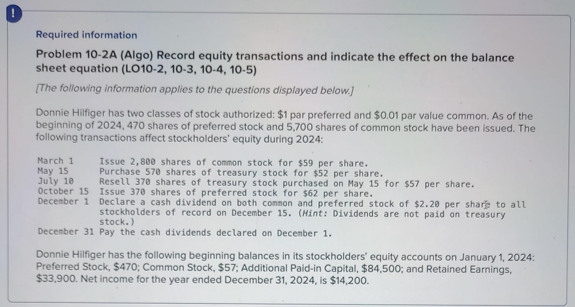 Solved Required information Problem 10-2A (Algo) Record | Chegg.com