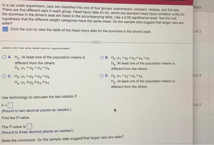Solved In a car crash experiment, cars are classified into | Chegg.com