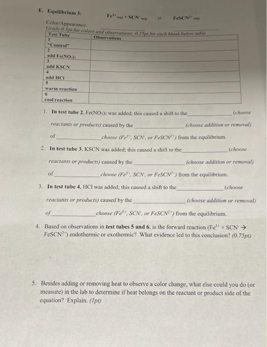 Solved E. Equilibrium 3: Fels SCN FeSCN? Color Appearance | Chegg.com