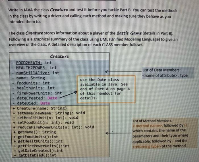 Solved Write in JAVA the class Creature and test it before | Chegg.com