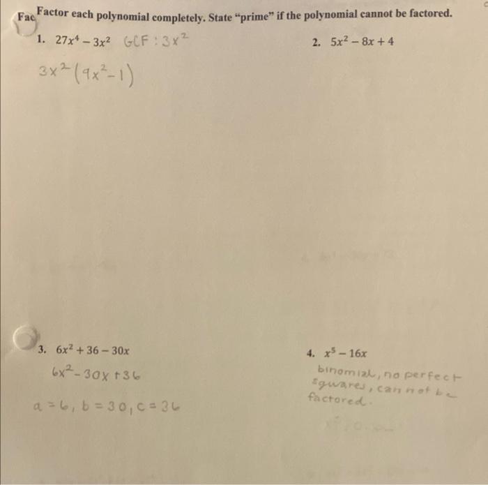 Solved Fac Factor each polynomial completely. State "prime" | Chegg.com
