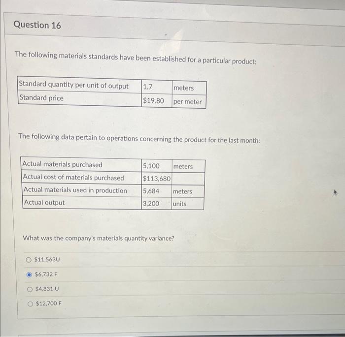 Solved The following materials standards have been | Chegg.com