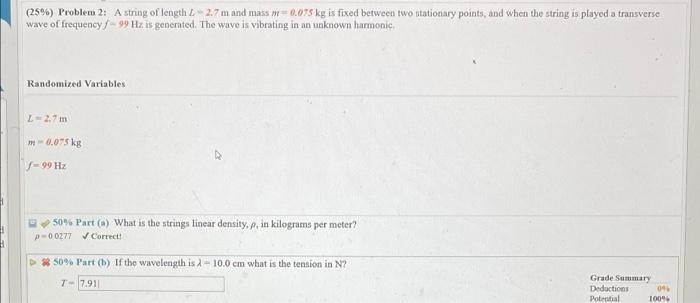Solved (25%) Problem 2: A string of length 2 - 2.7 mand mass | Chegg.com