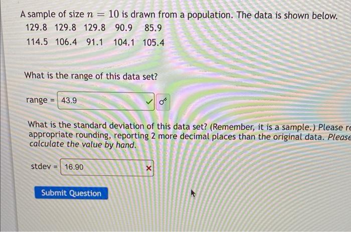 Solved A sample of size n=10 is drawn from a population. The | Chegg.com
