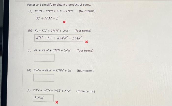 Solved Factor and simplify to obtain a product of sums. (a) | Chegg.com