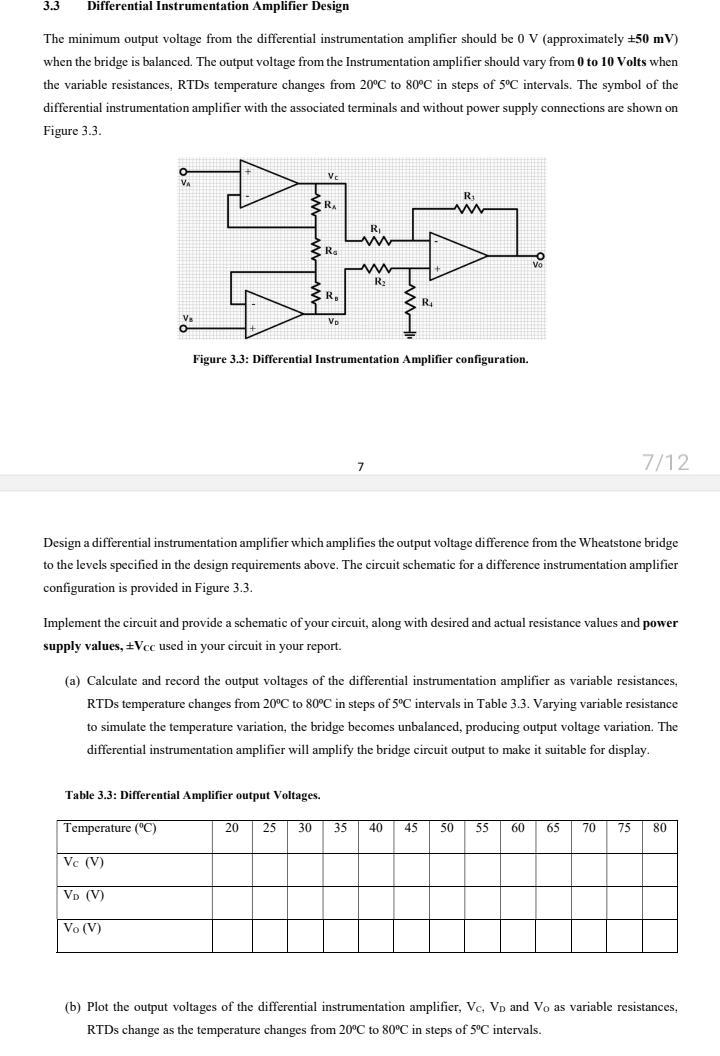 Solved 3.3 ﻿Differential Instrumentation Amplifier DesignThe | Chegg.com