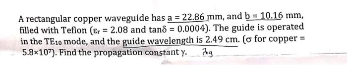 Solved A rectangular copper waveguide has a=22.86 mm, and | Chegg.com