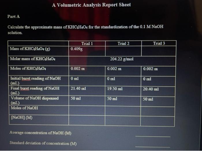 Solved A Volumetric Analysis Report Sheet Part A Calculate | Chegg.com