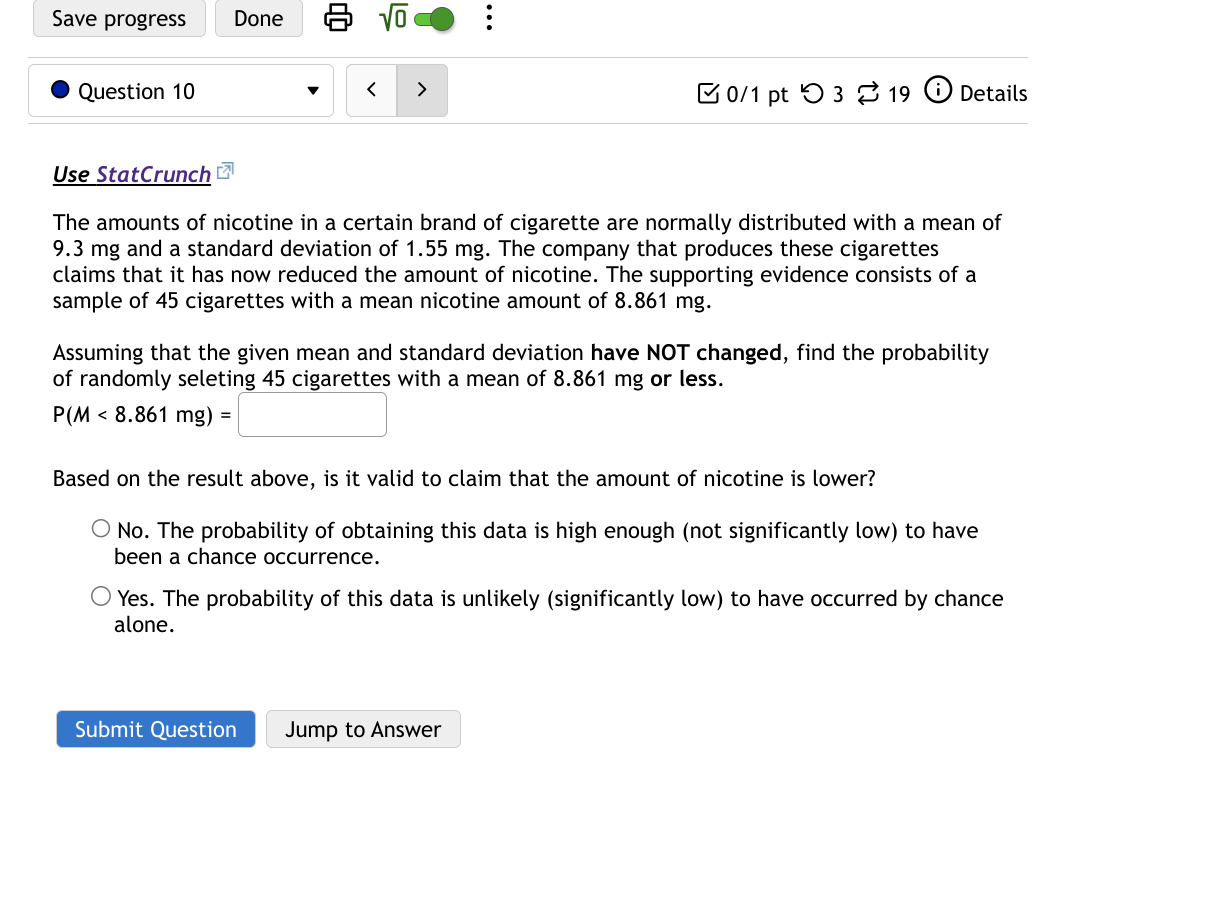Solved Use StatCrunch ?-λThe amounts of nicotine in a | Chegg.com