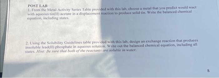 Solved POST LAB 1. From the Metal Activity Series Table | Chegg.com