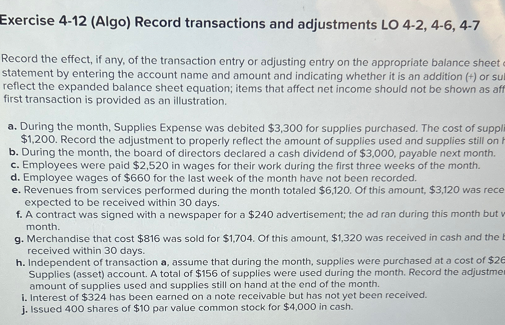 Solved Exercise 4-12 (Algo) ﻿Record transactions and | Chegg.com