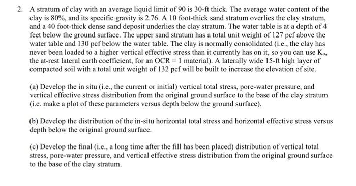 Solved 2. A stratum of clay with an average liquid limit of | Chegg.com