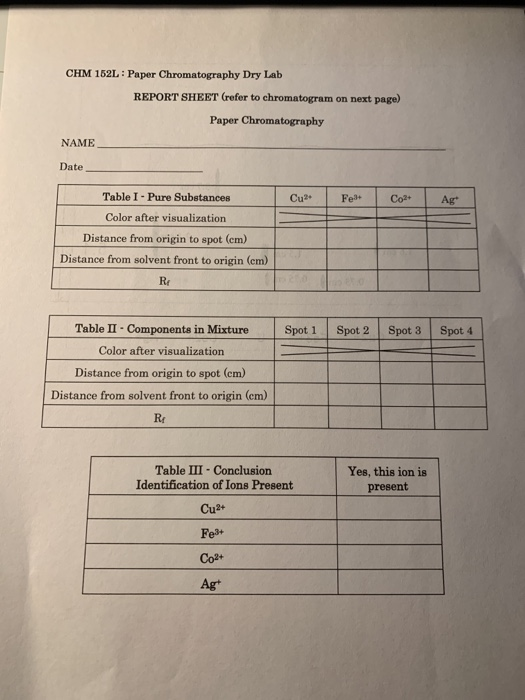 CHM 152L : Paper Chromatography Dry Lab REPORT SHEET | Chegg.com