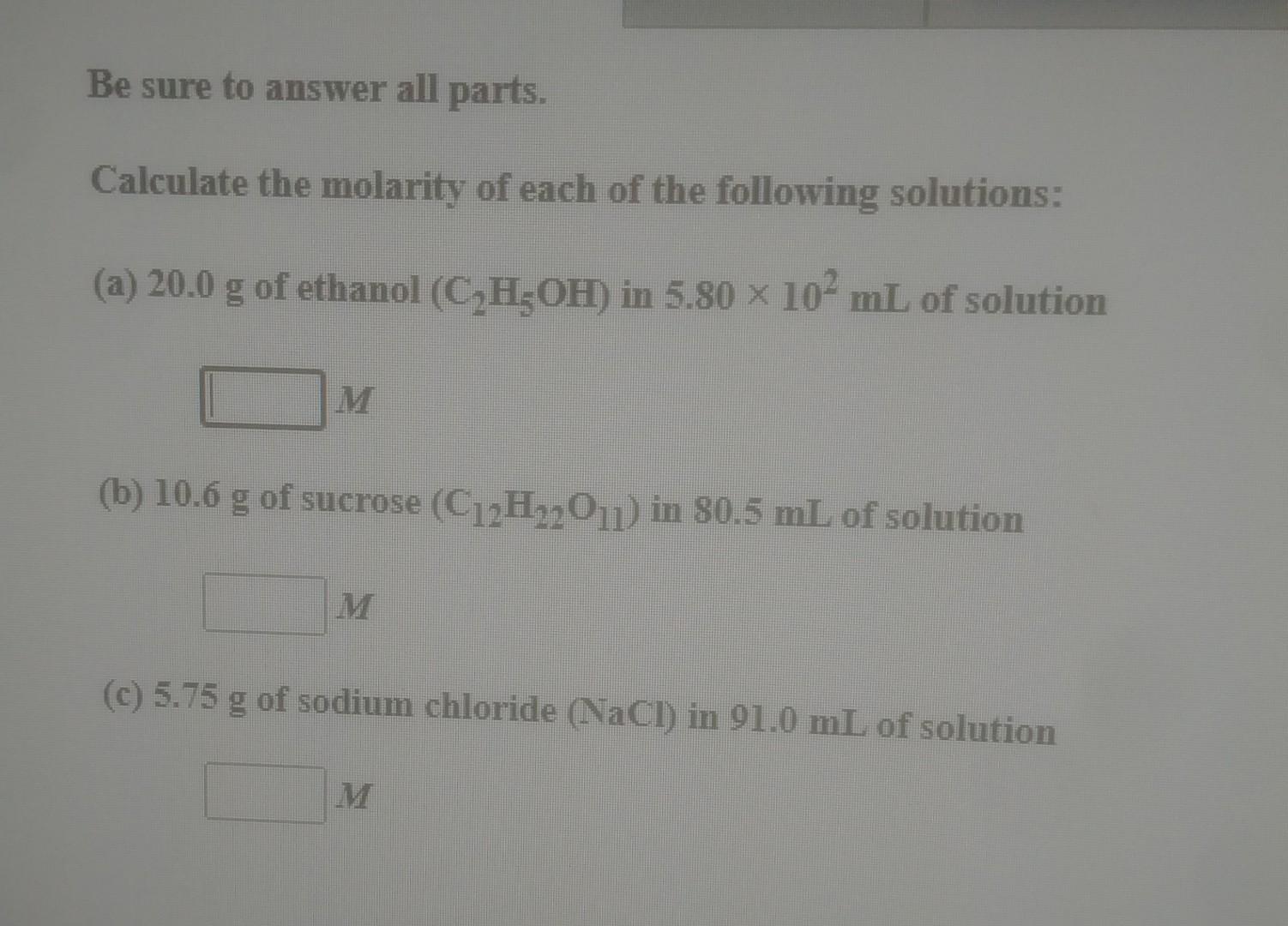 Solved Be sure to answer all parts. Calculate the molarity | Chegg.com