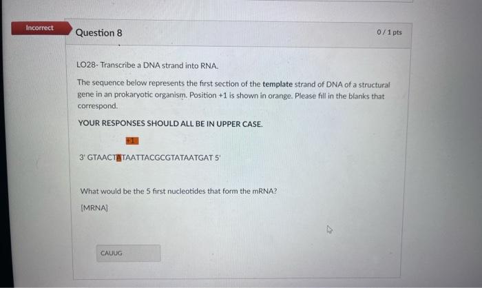 Solved LO28- Transcribe a DNA strand into RNA. The sequence | Chegg.com