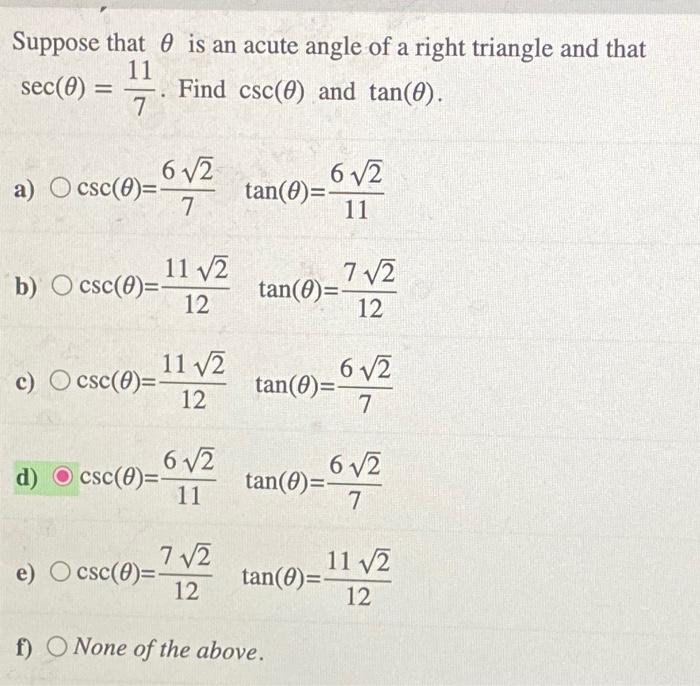 Solved Suppose that θ is an acute angle of a right triangle | Chegg.com