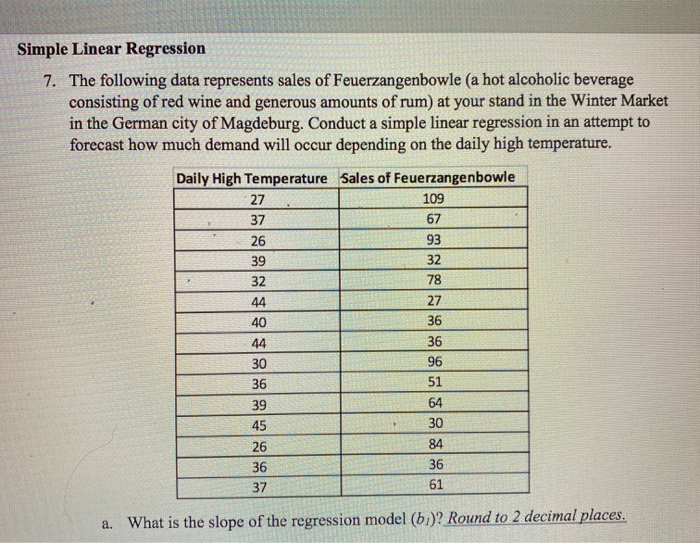Solved Simple Linear Regression 7. The following data | Chegg.com