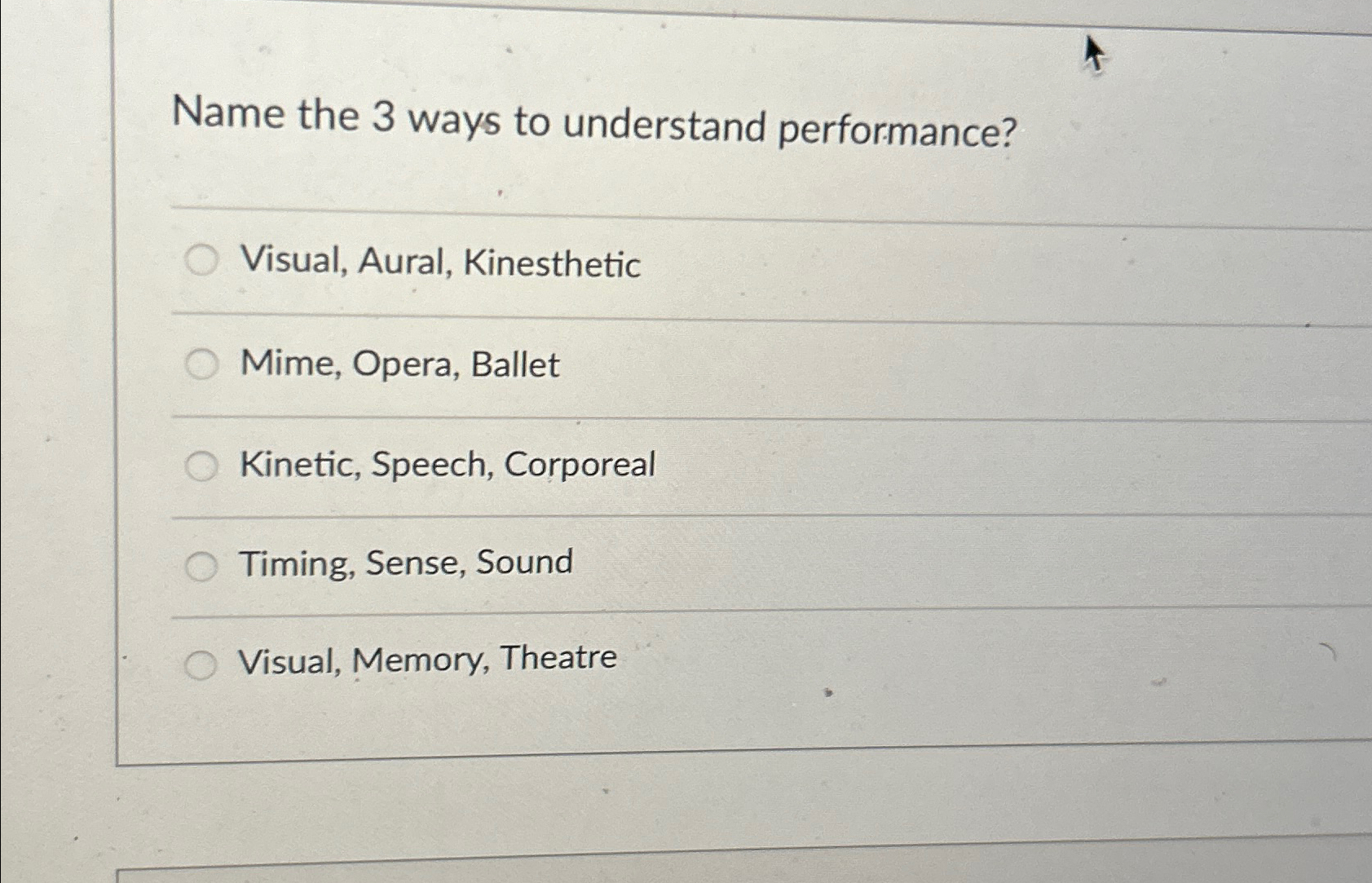 Solved Name the 3 ﻿ways to understand performance?Visual, | Chegg.com