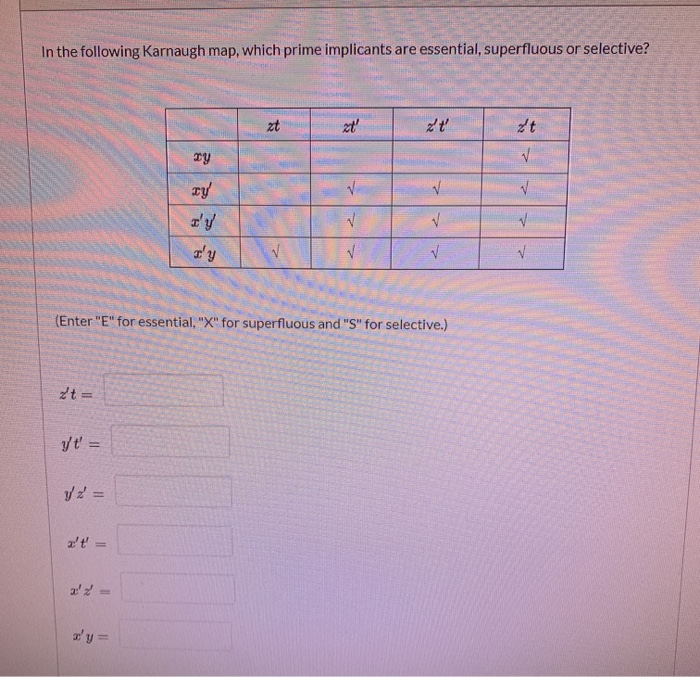 Solved In the following Karnaugh map, which prime implicants | Chegg.com
