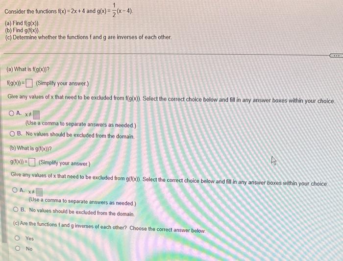 Solved Consider the functions f(x)=2x+4 and g(x)=21(x−4). | Chegg.com