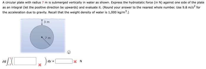 Solved A circular plate with radius 7 m is submerged | Chegg.com