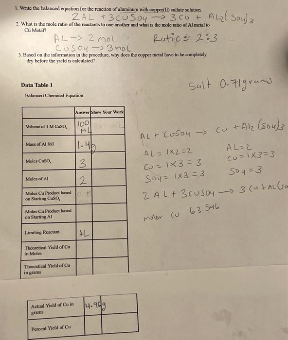 Solved AL2(SO4)3 1. Write the balanced equation for the | Chegg.com