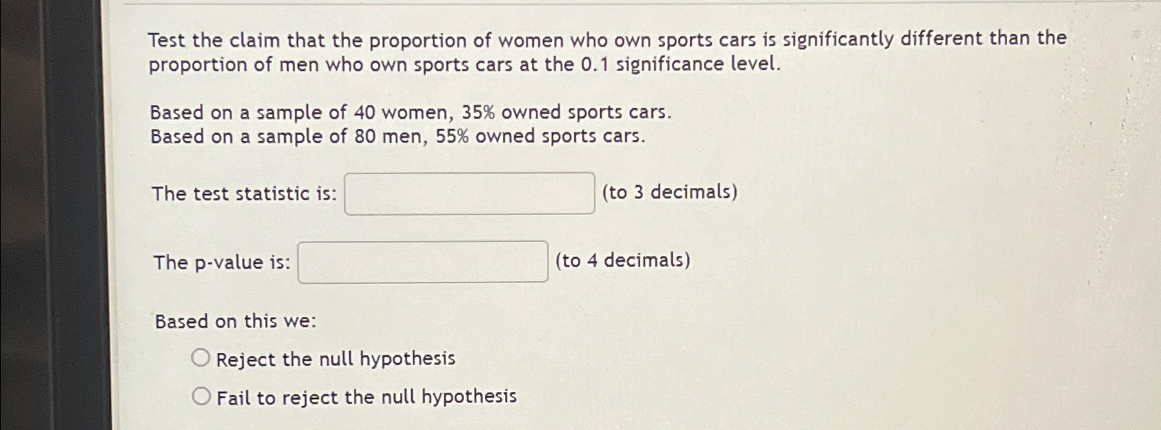 Solved Test the claim that the proportion of women who own | Chegg.com