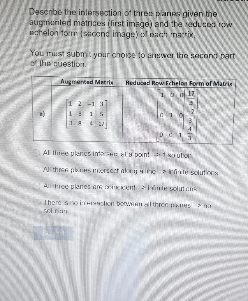 Solved Describe the intersection of three planes given the | Chegg.com